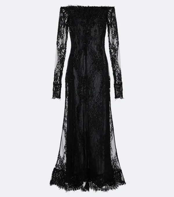 Blumarine Embellished Off-shoulder Lace Gown - Black