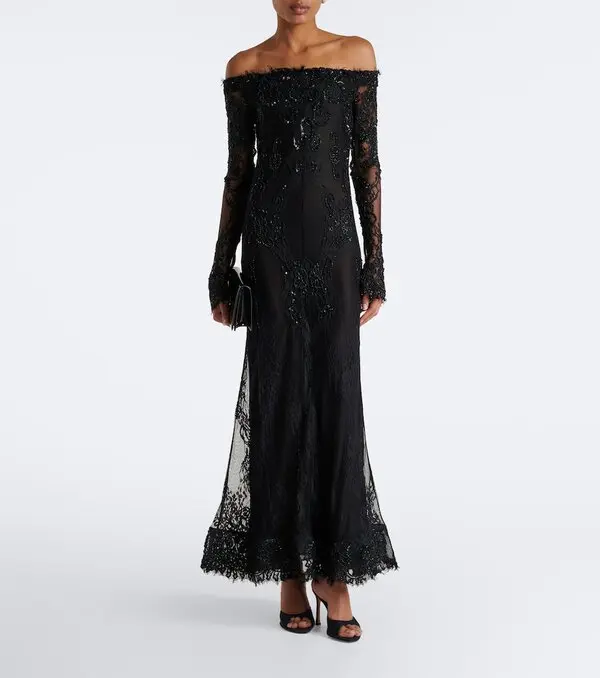 Blumarine Embellished Off-shoulder Lace Gown