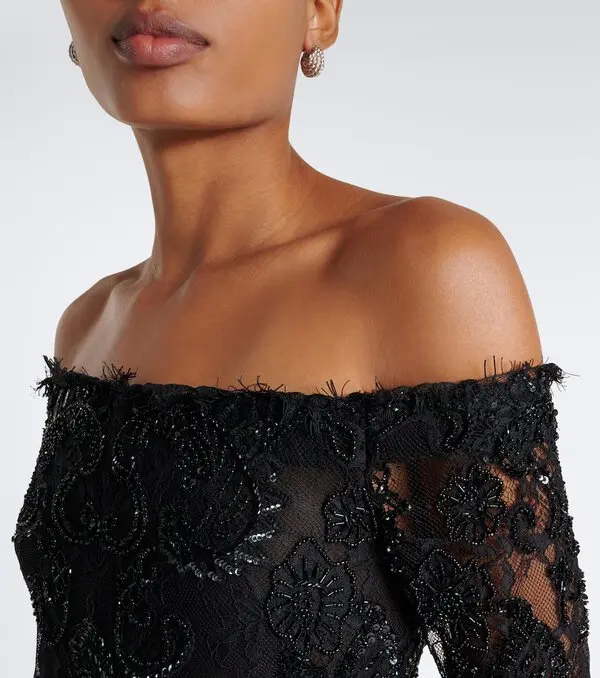 Blumarine Embellished Off-shoulder Lace Gown
