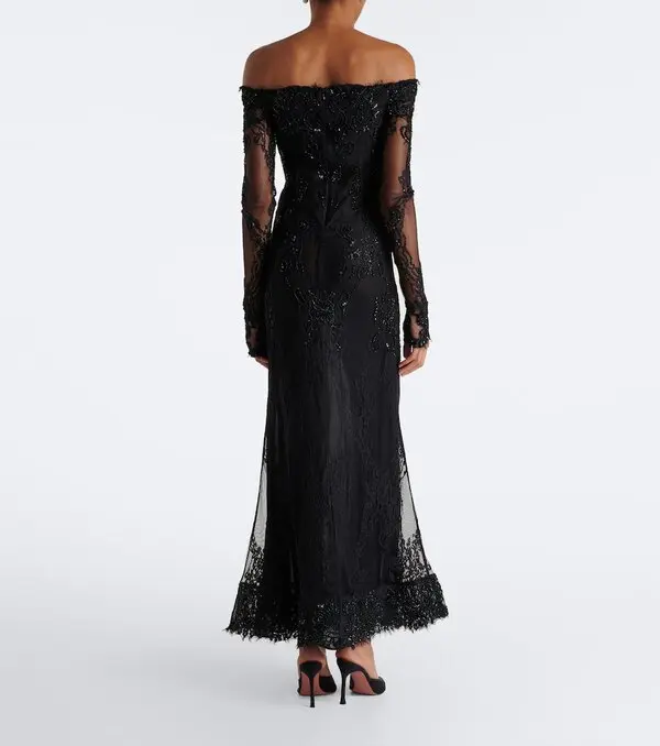 Blumarine Embellished Off-shoulder Lace Gown