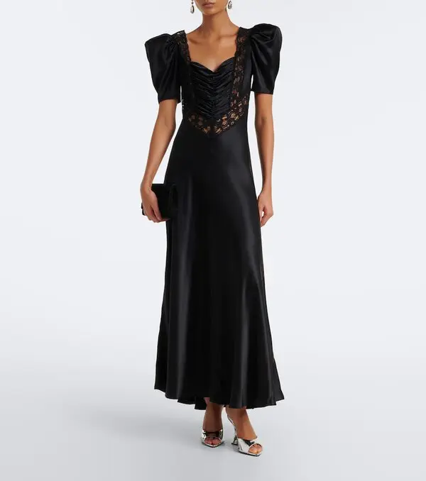 RODARTE Lace-trimmed Ruched Silk Satin Gown