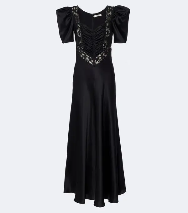 RODARTE Lace-trimmed Ruched Silk Satin Gown - Black