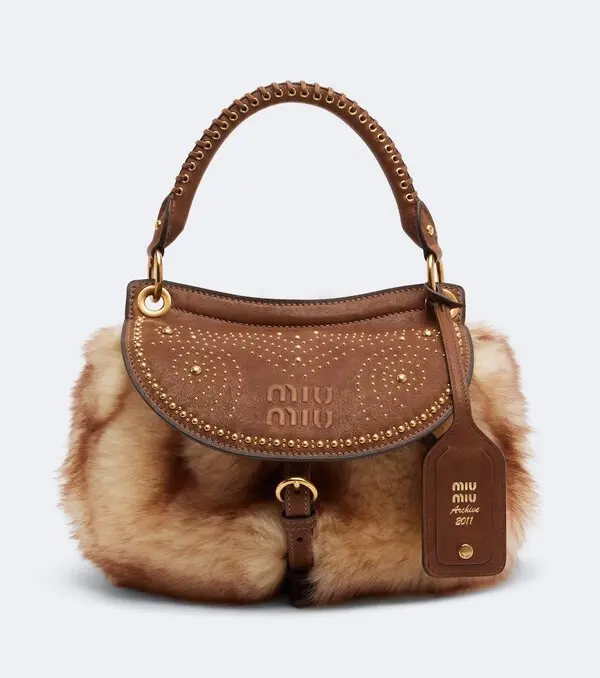 Miu Miu Rendez-vous Studded Shearling Tote Bag - Brown