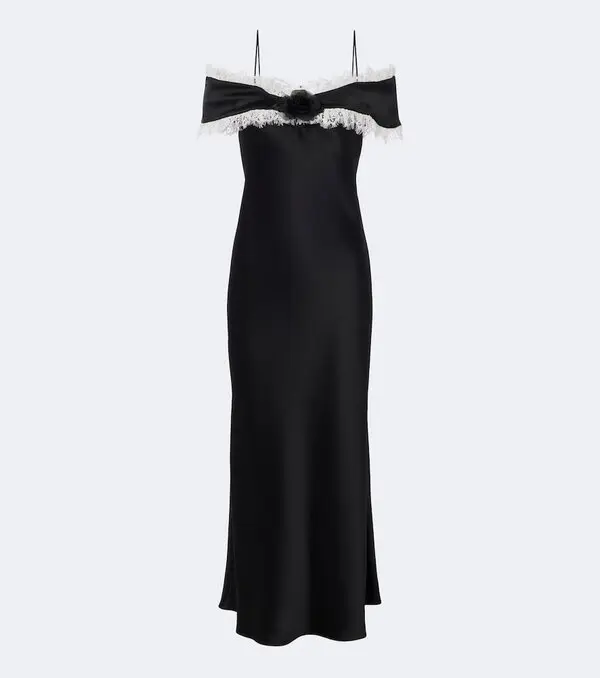 RODARTE Floral-appliqué Satin Midi Dress - Black