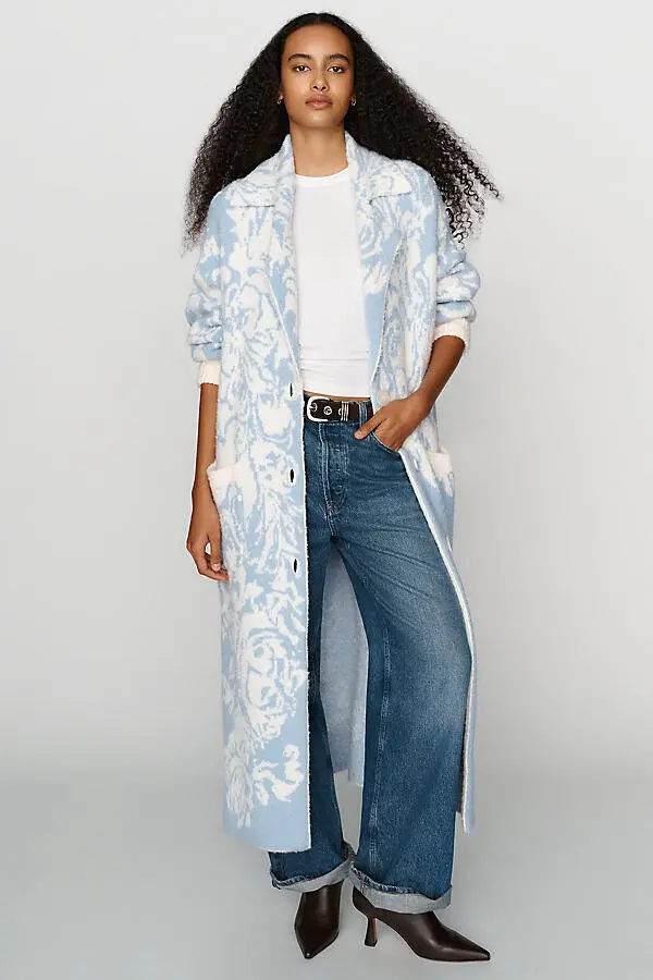 Anthropologie Wool Blend Jacquard Duster Cardigan - Pale Blue Pattern