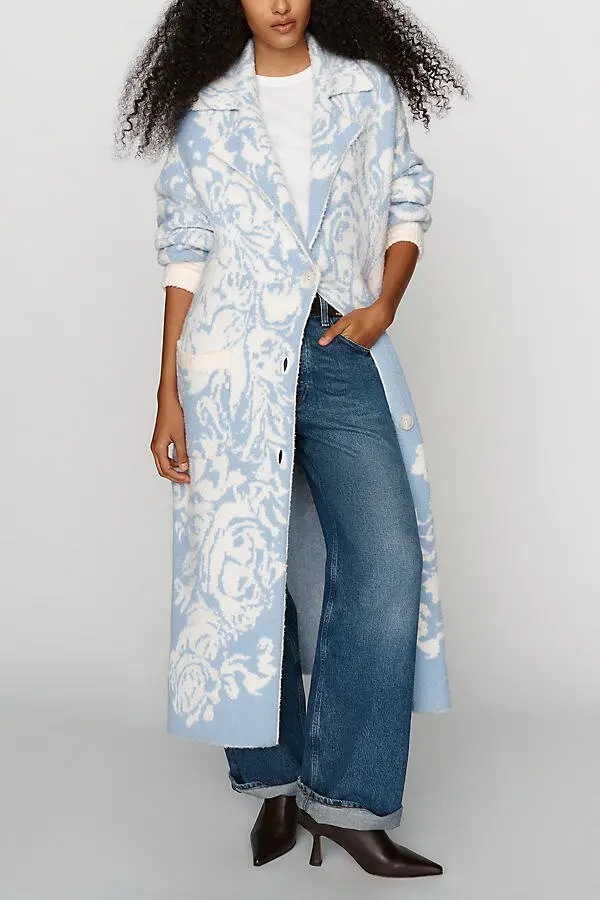 Anthropologie Wool Blend Jacquard Duster Cardigan - Pale Blue Pattern