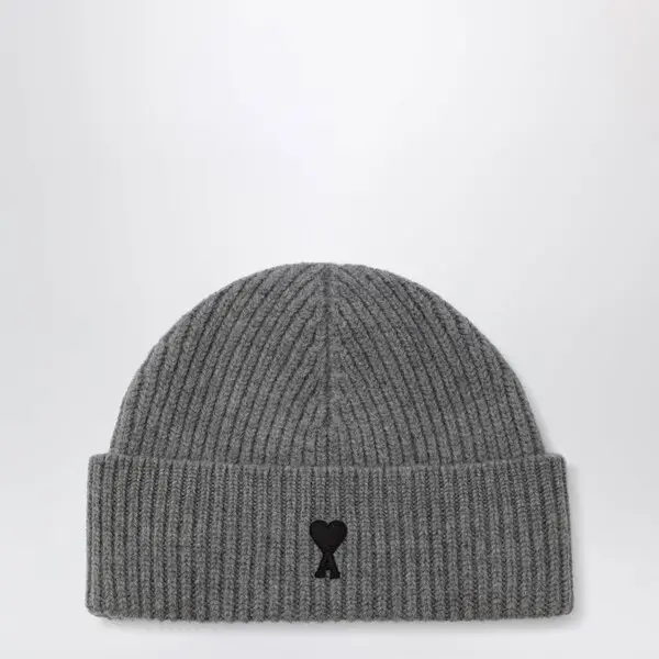 AMI Paris De Coeur Beanie In Grey Wool Blend