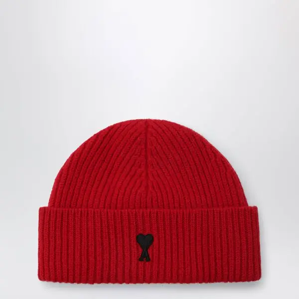 AMI Paris De Coeur Beanie In Ruby Wool Blend