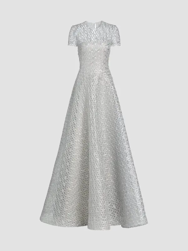 Naeem Khan Metallic Floral Embroidered Short-sleeve Gown