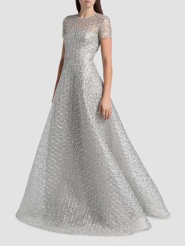 Naeem Khan Metallic Floral Embroidered Short-sleeve Gown