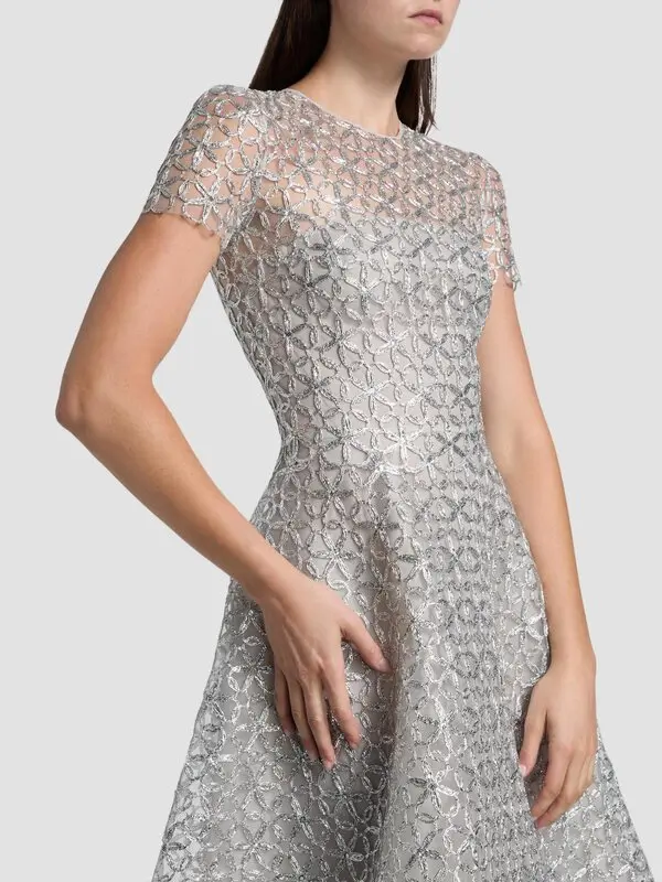 Naeem Khan Metallic Floral Embroidered Short-sleeve Gown