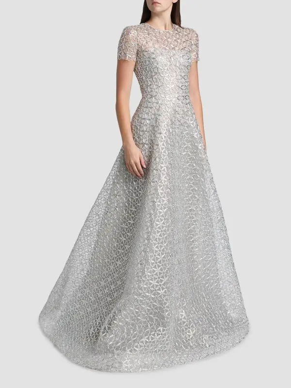 Naeem Khan Metallic Floral Embroidered Short-sleeve Gown
