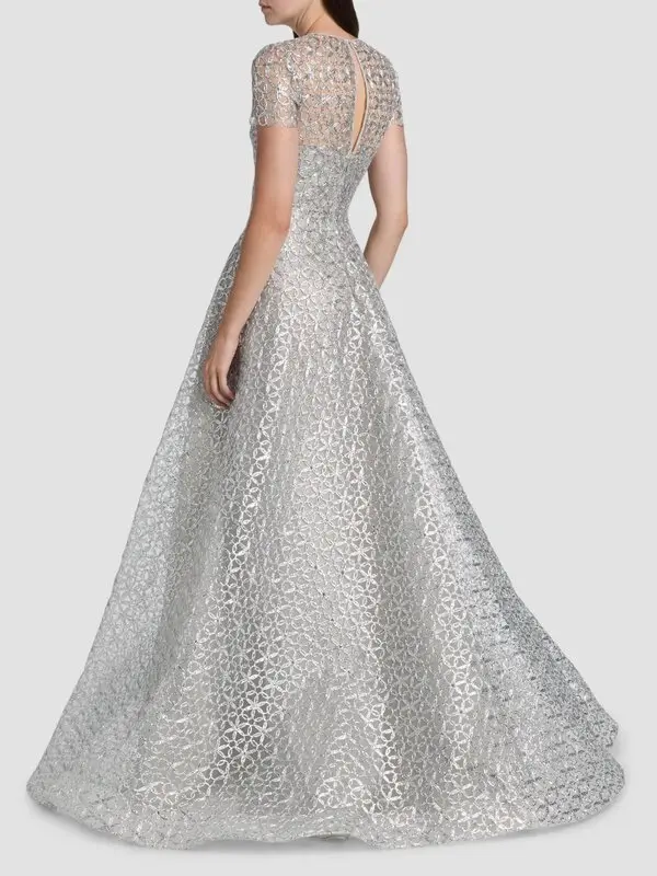 Naeem Khan Metallic Floral Embroidered Short-sleeve Gown