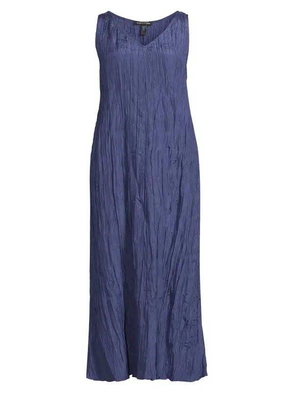 Eileen Fisher V-neck Pleated Crushed Silk Midi-dress - Blue