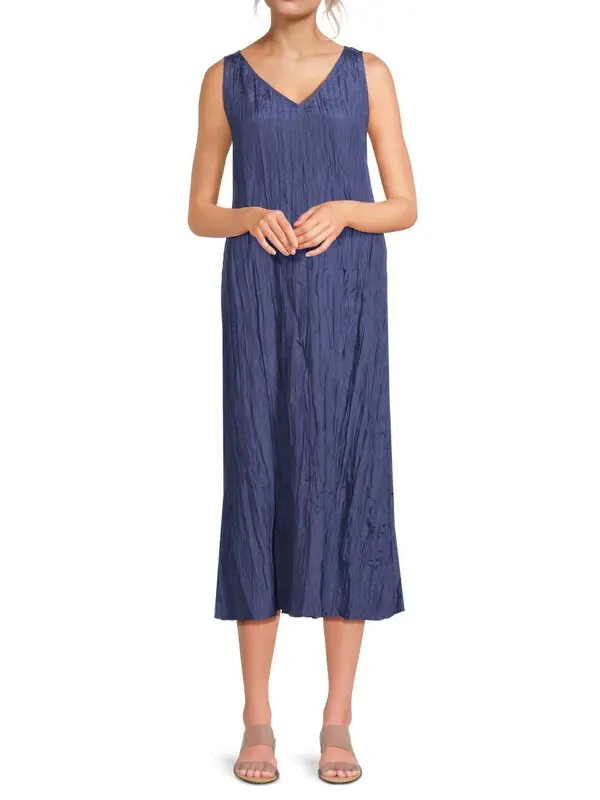 Eileen Fisher V-neck Pleated Crushed Silk Midi-dress