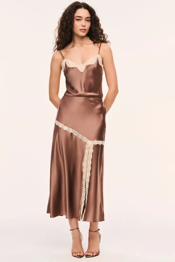 LoveShackFancy Emmabelle Silk Lace-trimmed Midi Skirt - Mocha