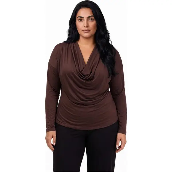 24SEVEN COMFORT APPAREL Elevate Curvy Cowl Neck Long Sleeve Top - Brown