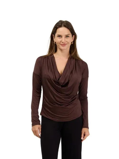 24SEVEN COMFORT APPAREL Elevate Cowl Neck Long Sleeve Top - Brown