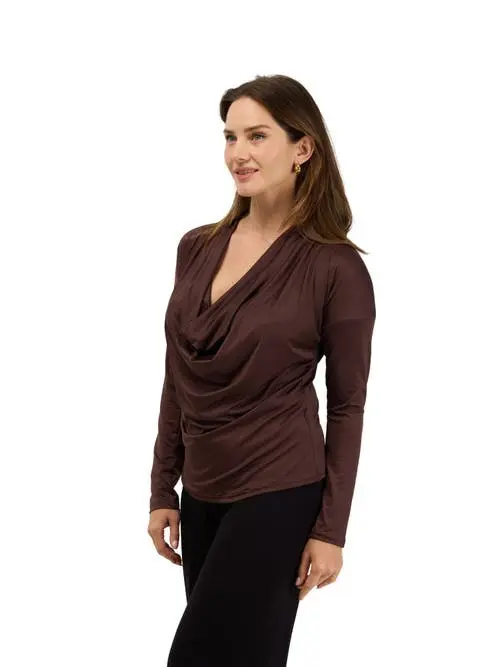 24SEVEN COMFORT APPAREL Elevate Cowl Neck Long Sleeve Top - Brown