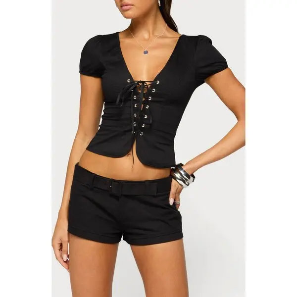 EDIKTED Kyleigh Puff Sleeve Lace-up Top - Black