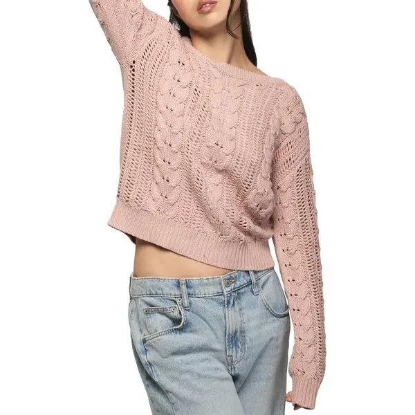 Lucky Brand Open Cable Crewneck Sweater - Adobe Rose