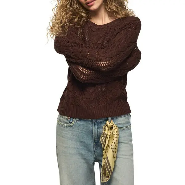 Lucky Brand Open Cable Crewneck Sweater - Hot Fudge