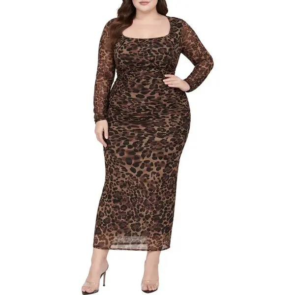 STANDARDS & PRACTICES Ruched Bodycon Midi Dress - Leopard Print