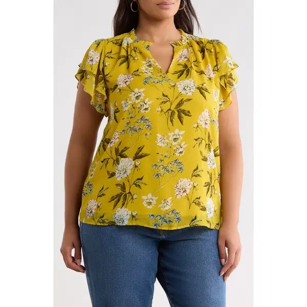 SUGARLIPS Montie Ruffle Split Neck Top - Gold-multi