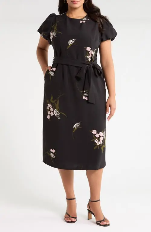 SUGARLIPS Senidy Puff Sleeve Midi Dress - Black-multi