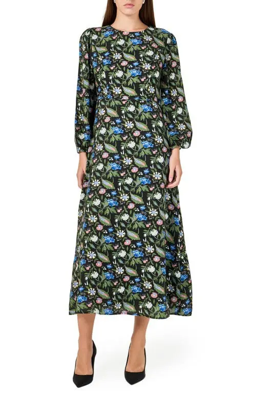 English Factory Puff Sleeve Midi Dress - Black Multi