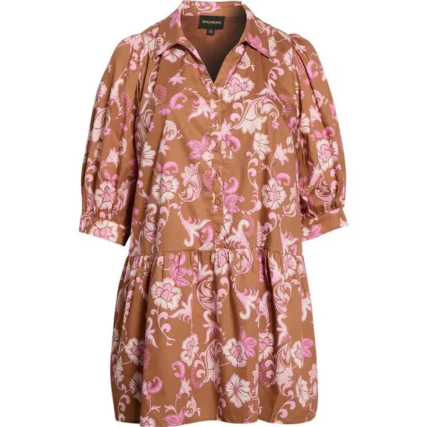 SUGARLIPS Jessia Button Up Cotton Shift Dress - Brown-multi