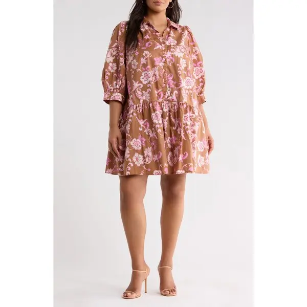 SUGARLIPS Jessia Button Up Cotton Shift Dress - Brown-multi