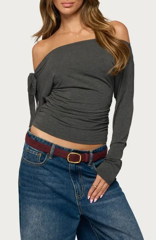 EDIKTED Celie Off Shoulder Tie Top - Dark-gray-melange