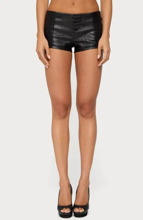 EDIKTED Zaci Croc Embossed Faux Leather Mini Shorts - Black