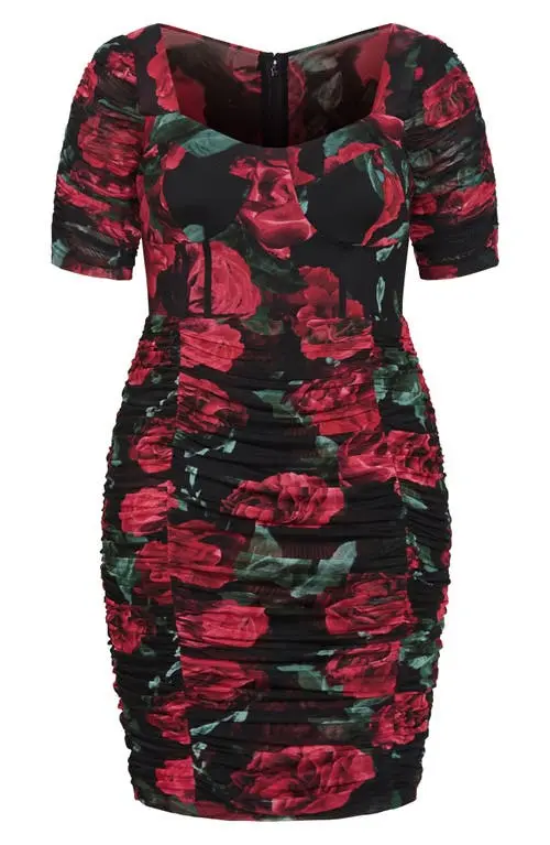 City Chic Rose Print Ruched Bustier Dress - Deep Rose