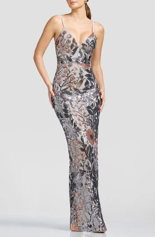 Dress The Population Cammie Sequin Floral Gown - Silver Multi