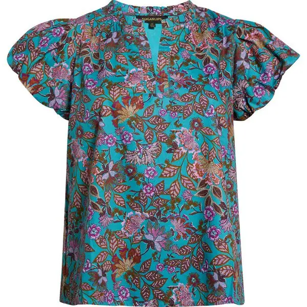 SUGARLIPS Keni Ruffle Split Neck Cotton Top - Teal Multi