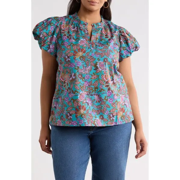 SUGARLIPS Keni Ruffle Split Neck Cotton Top - Teal Multi