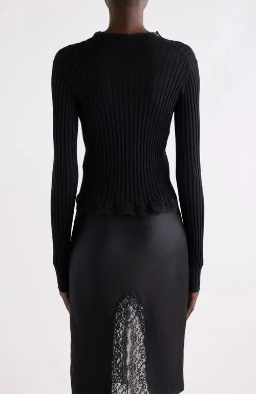 Saint Laurent Rib Cardigan With Lace Trim
