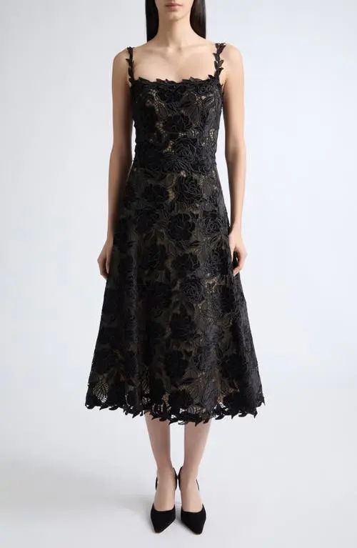 Carolina Herrera Velvet Rose Lace Midi Dress - Black