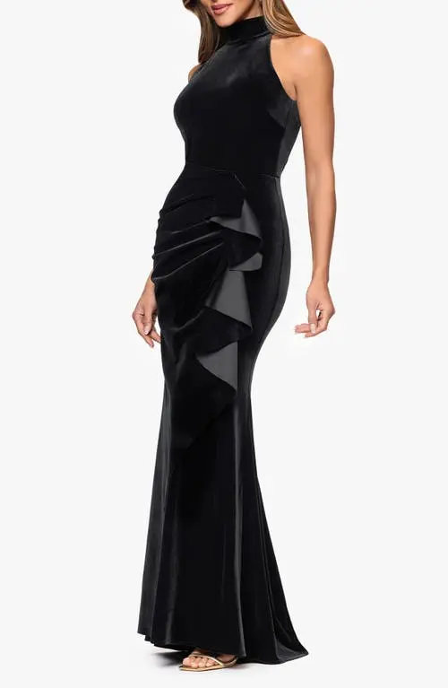 XSCAPE EVENINGS Stretch Velvet Halter Gown - Black