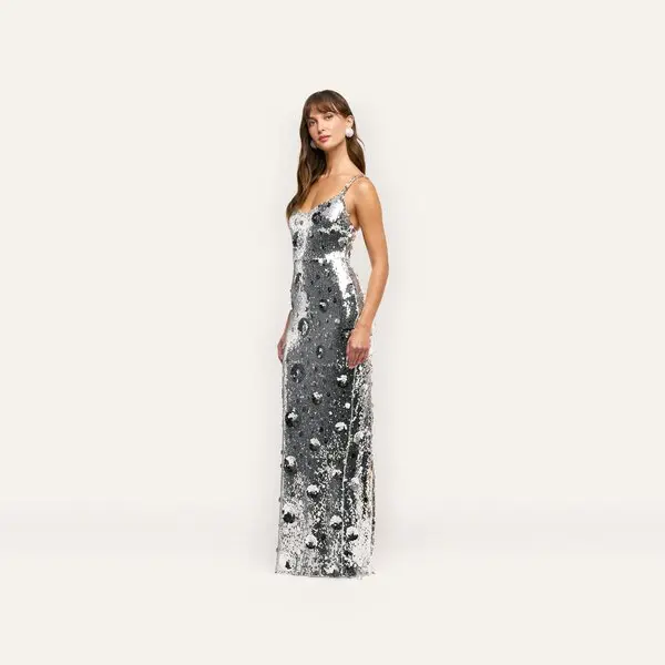 L'AGENCE Karma Sequin Maxi Dress - Silver Sequin