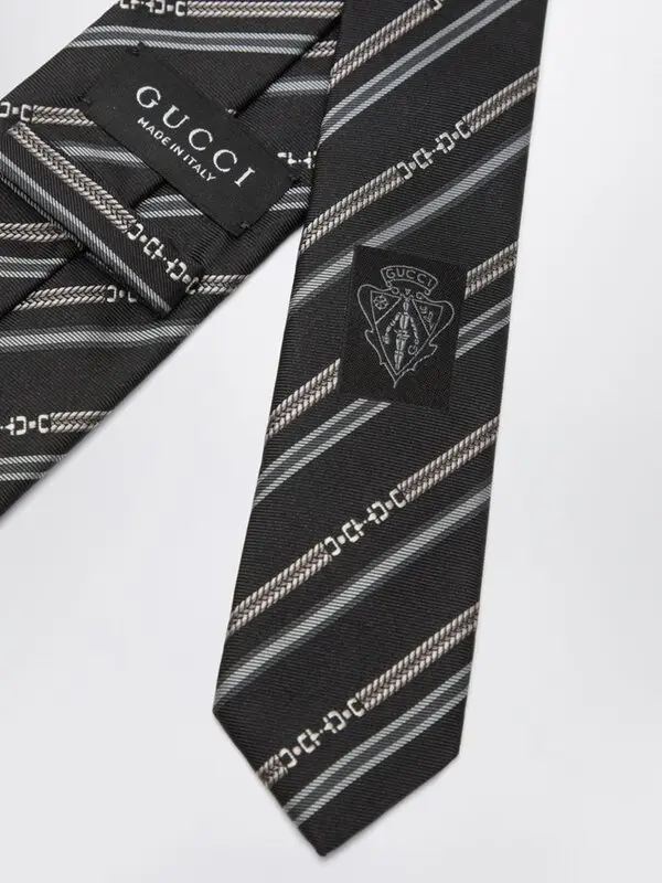 Gucci Silk Tie With Regimental Pattern And Gg Jacquard Monogram - Black