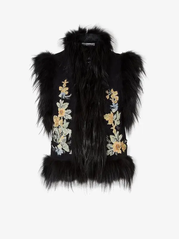 Fendi Wool Vest With Floral Embroidery And Fox Fur Trim - Multicolor