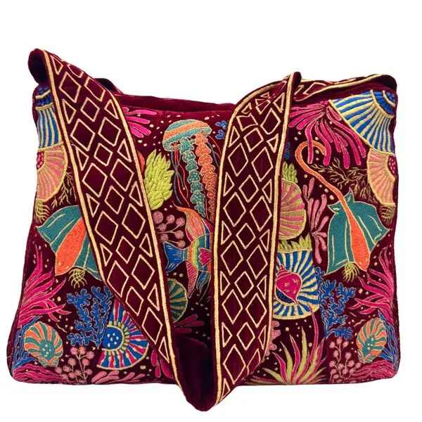 AEKA STUDIO The Azores Luxe Tote Deep Maroon Oversized Velvet Embroide Tote Bag