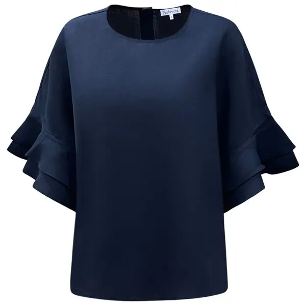 PERLAVERA Lolan Navy Solid Linen Flare Sleeve Top