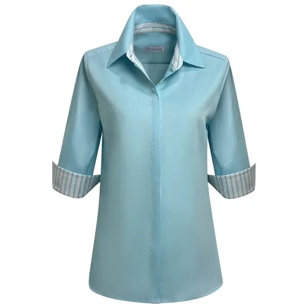 PERLAVERA Sam Turquoise Solid Hidden Placket Three Quarter Sleeve Slim Fit Cotton Oxford Shirt