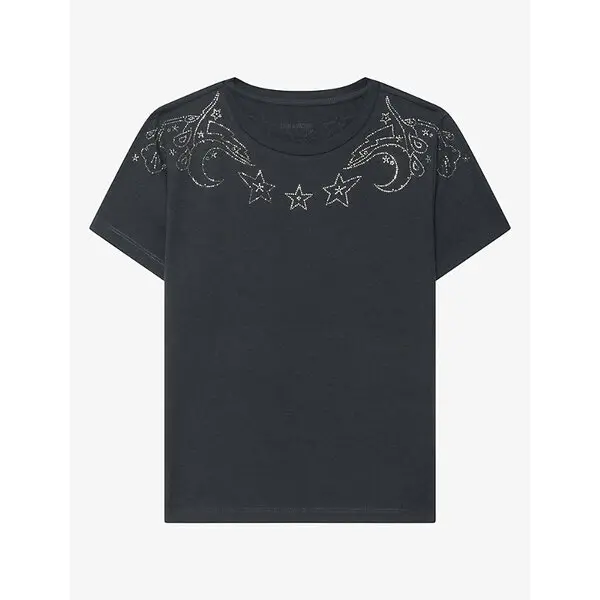 Zadig&Voltaire Alys Rhinestone-embellished Cotton And Linen-blend T-shirt - Carbone