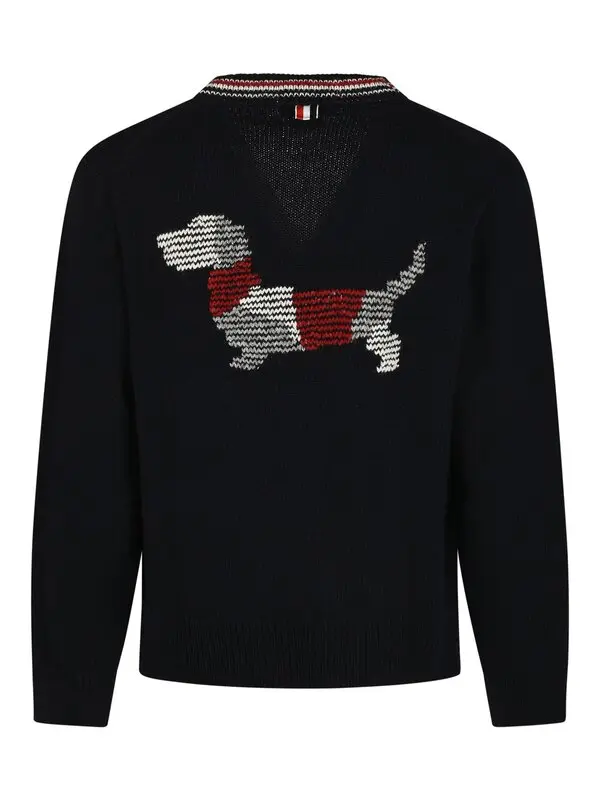 Thom Browne Hector Patchwork Jersey Intarsia V Neck Cardigan In Donegal W/ Rwb Stripe