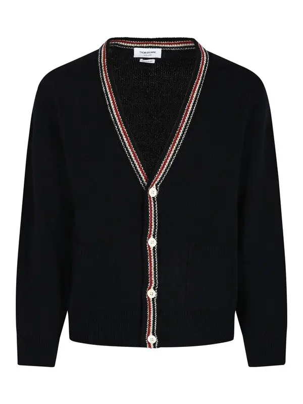 Thom Browne Hector Patchwork Jersey Intarsia V Neck Cardigan In Donegal W/ Rwb Stripe